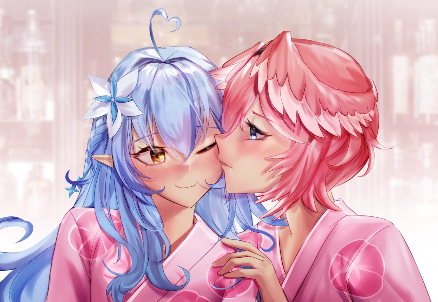 aragiken hololive takane lui yukihana lamy elf japanese clothes pointy ears wings yuri ...